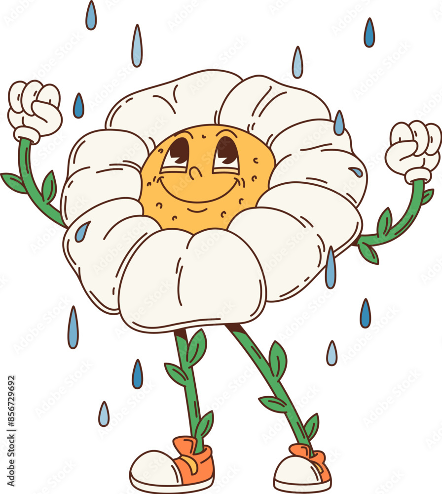 Cartoon retro groovy daisy flower character in the rain. Vintage white ...