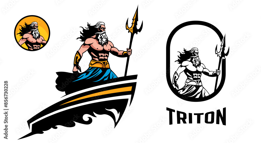 Greek God of the sea Triton holding a trident or spear in his hand in a ...