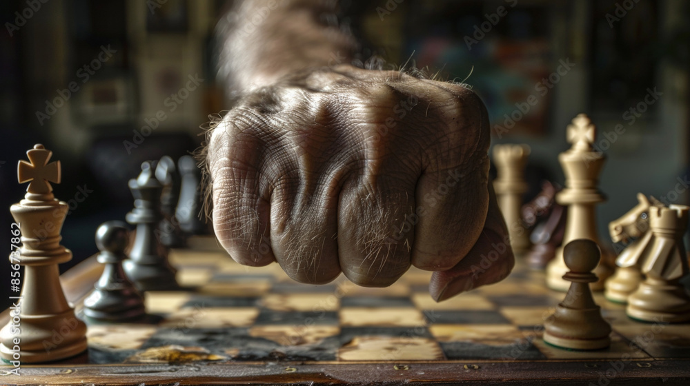 Frustrated person, clenched fist, chessboard, lost match, anger, defeat ...