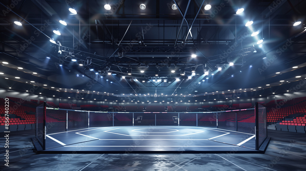 Empty MMA arena, shown from a side perspective, with fully lit stands ...