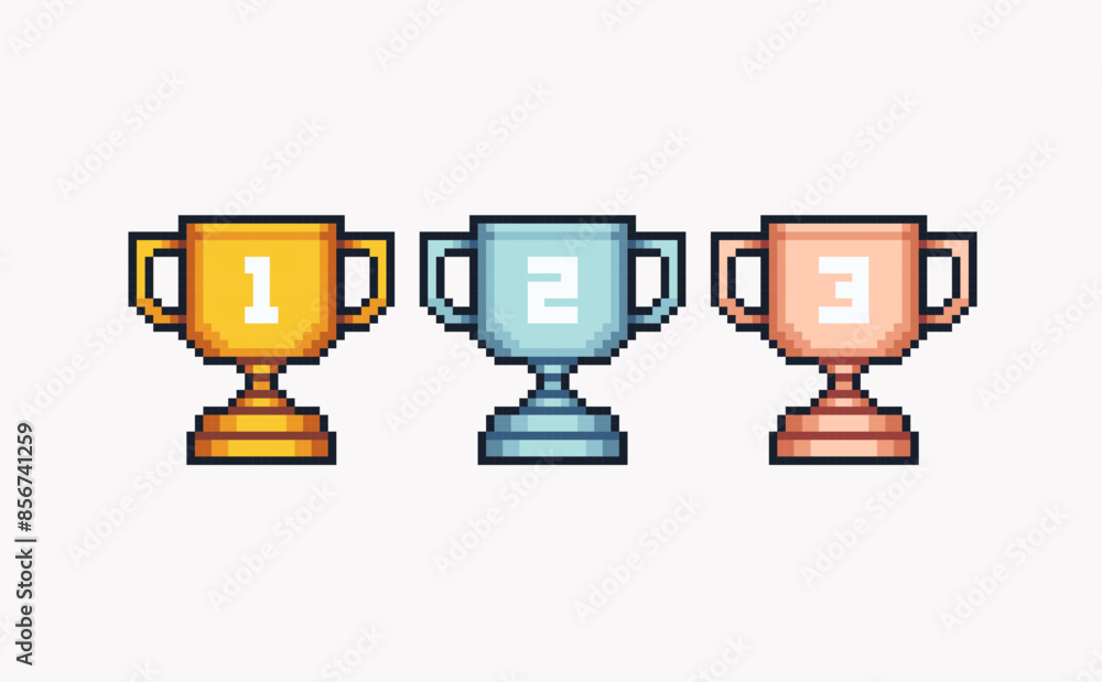 Winner cups, trophy pixel art set. Achievement reward, first place ...