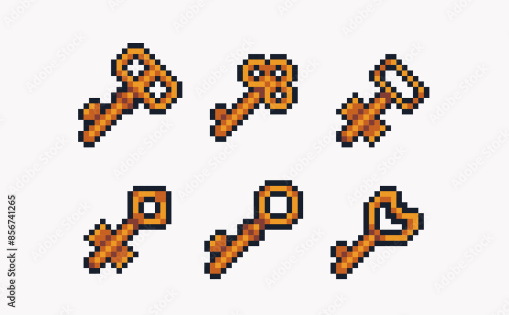 Golden ancient keys pixel art set. Antique key silhouette collection. 8 ...