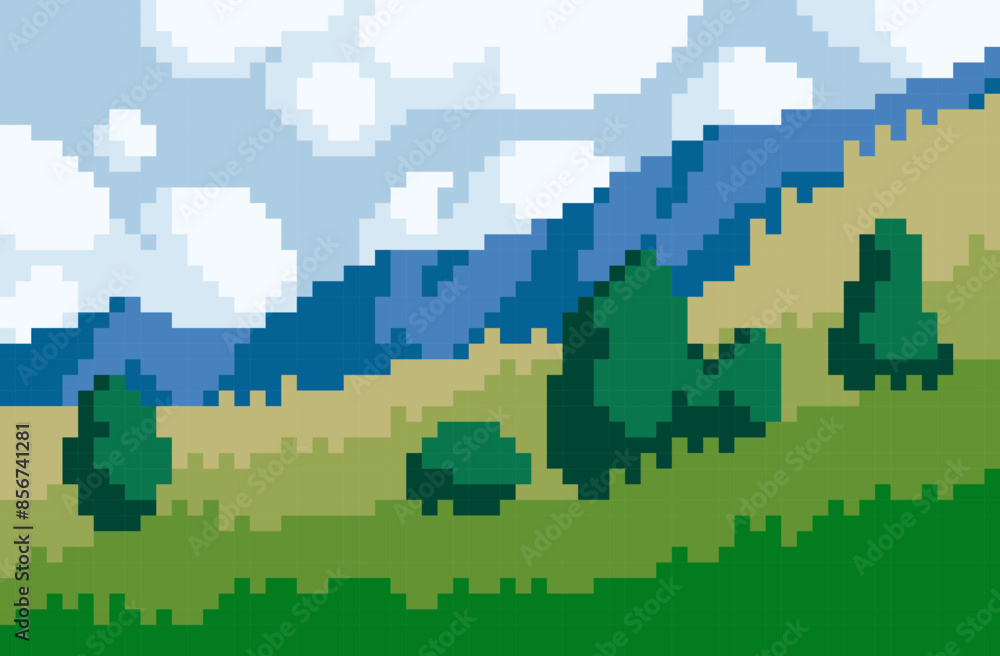 Nature landscape pixel art background. Beautiful sunny view with trees ...