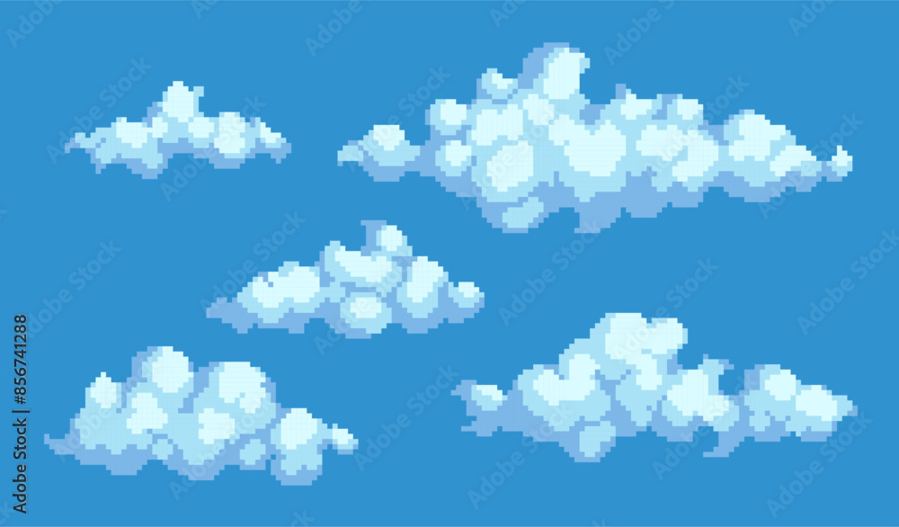 Fluffy clouds pixel art icon set. Smoke or fog, sky elements logo ...
