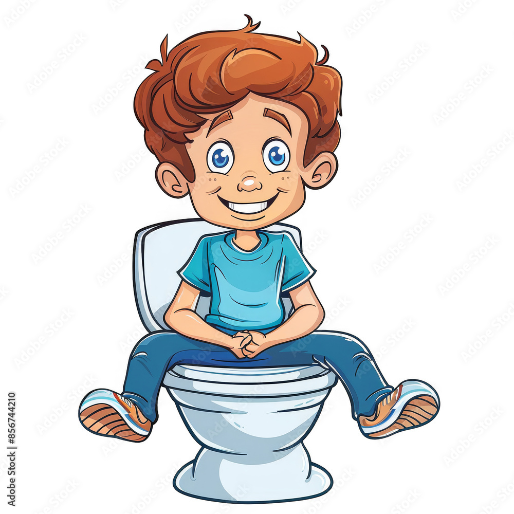 Happy cartoon boy sitting on a toilet, smiling cheerfully. Adorable and ...