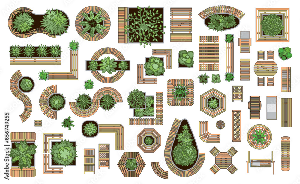 Top view. Set of isolated elements for landscaping design, wooden paths ...