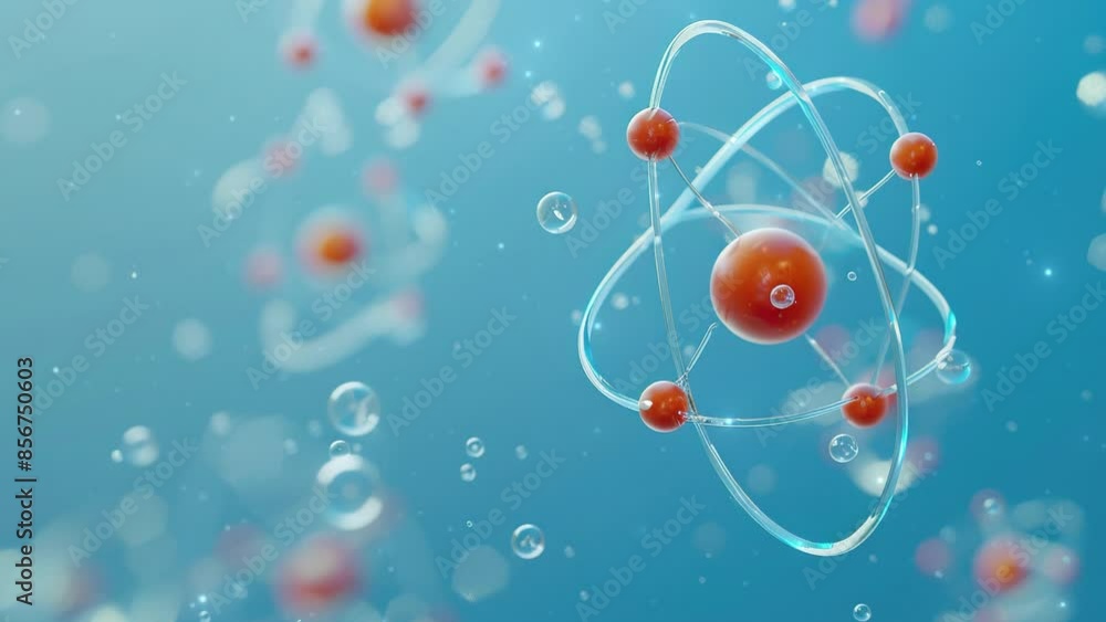 Abstract background with an atom. Atom structure with glowing particles ...