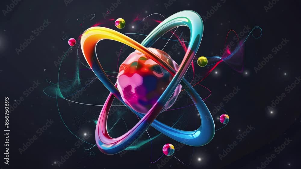 Abstract background with an atom. Atom structure with glowing particles ...