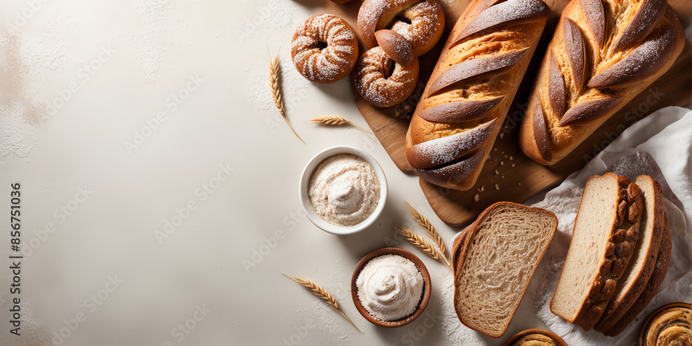 Bread bakery background top food view fresh white wheat loaf ...