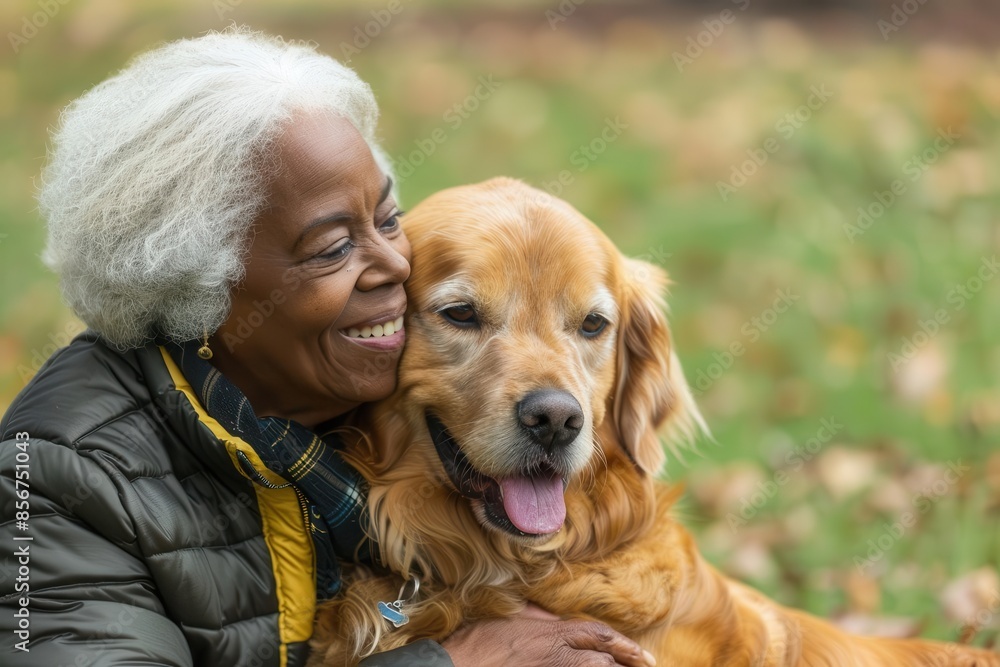 mature black woman cuddling golden retriever dog in park candid senior ...