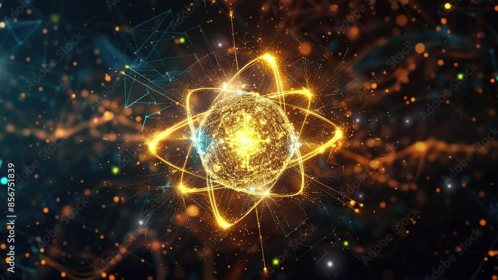 Abstract background with an atom. Atom structure with glowing particles ...