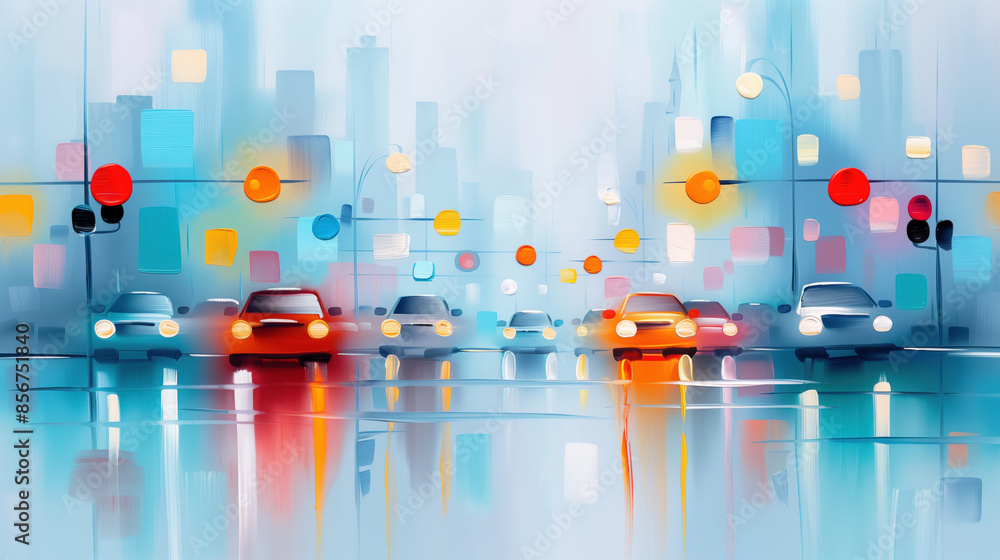 Abstract painting of a busy urban street with cars and colorful traffic ...