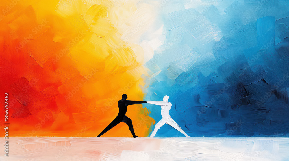 Abstract painting of two figures, one black and one white, engaged in a ...