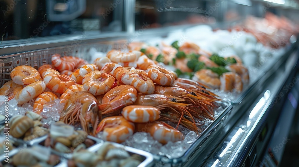 Vast assortment of various types of fresh frozen shrimp prawns and ...