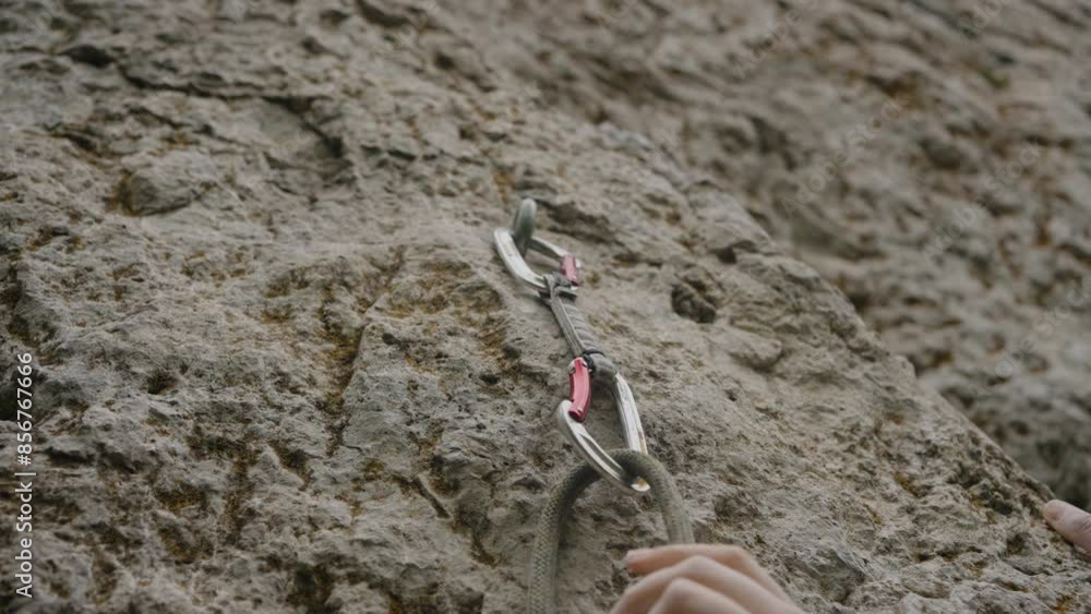 Climber hand secures safety rope into hook mounted on rock ...