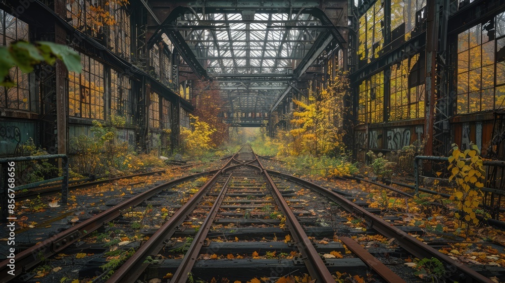 Abandoned railway station with overgrown plants and rusting tracks ...