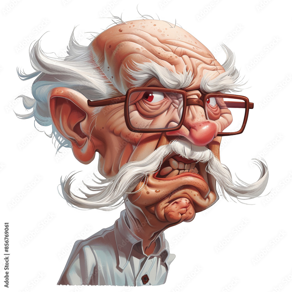 3D cartoon illustration of a grumpy old man with exaggerated facial ...