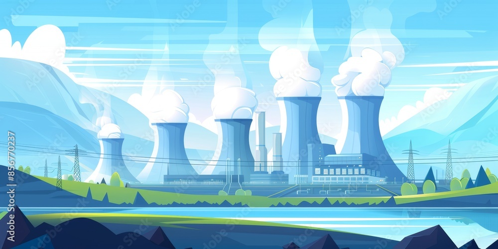 Industrial Nuclear Power Plant with Cooling Towers and Chimneys. Wide ...