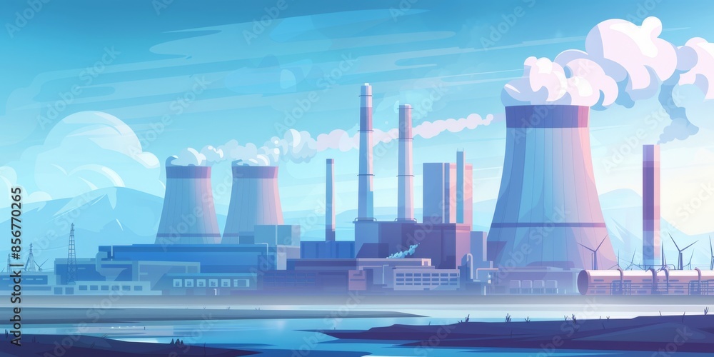 Industrial Nuclear Power Plant with Cooling Towers and Chimneys. Wide ...