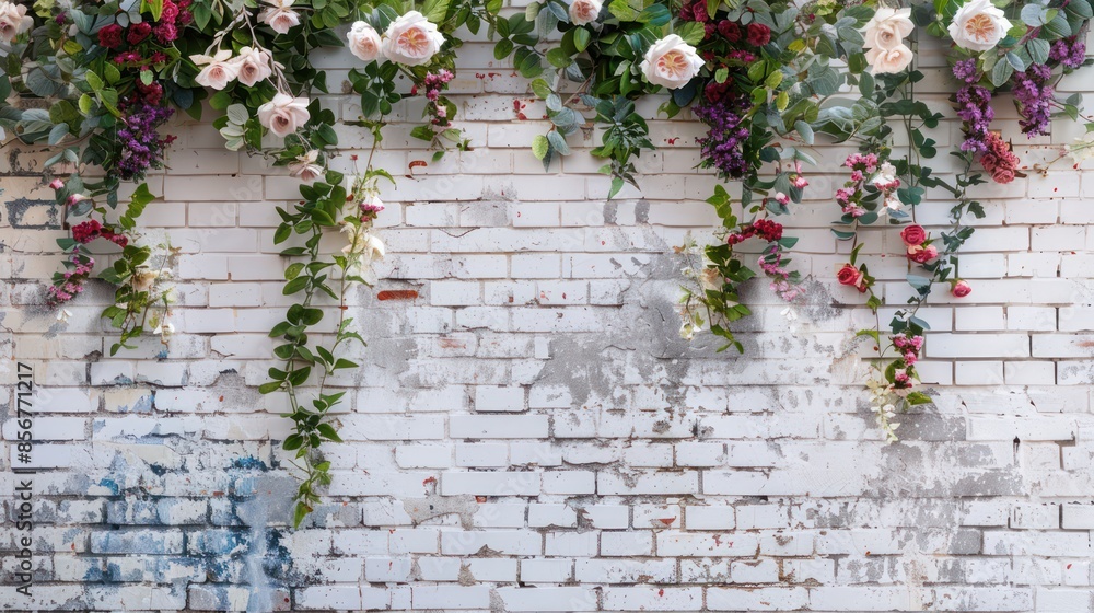 The wall is made of brick and then painted in white. There are creepers ...