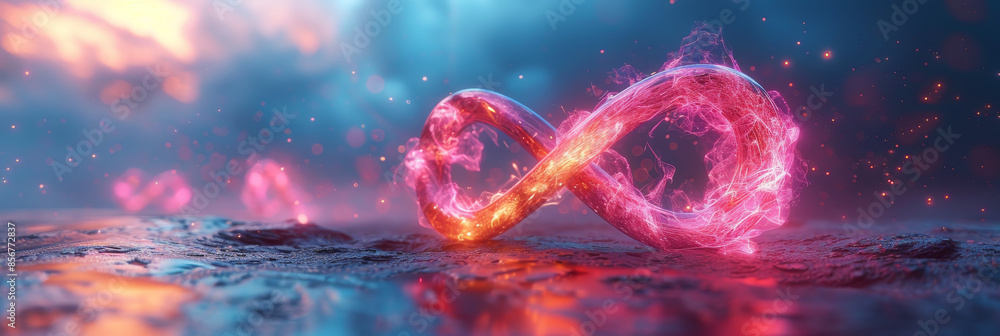 Pink and blue infinity symbol floating over palm with gradient ...