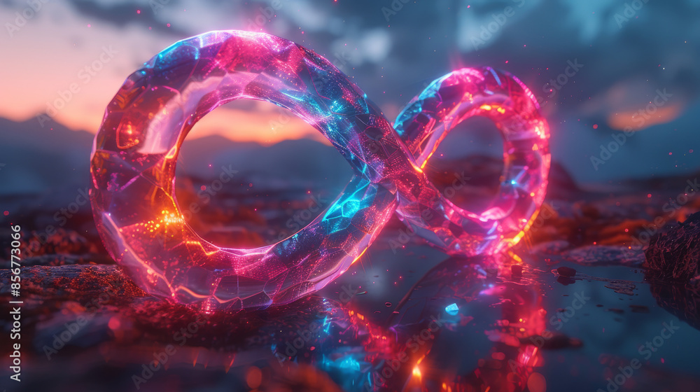 Pink and blue infinity symbol floating over palm with gradient ...