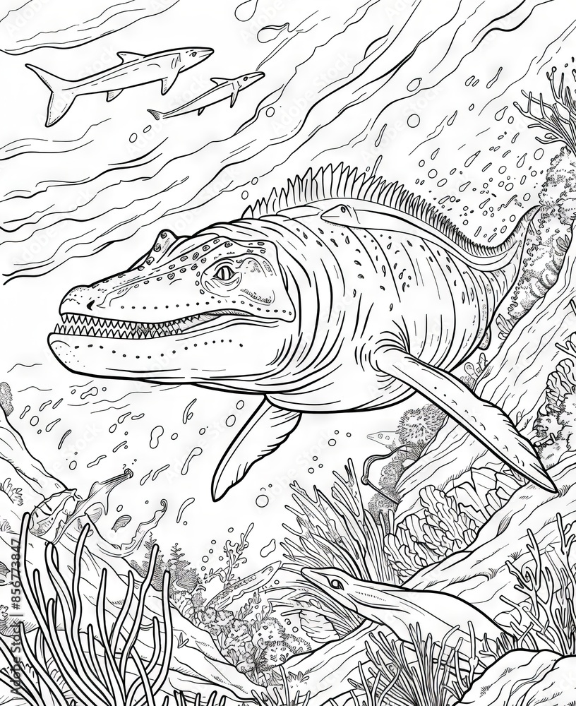 A black and white illustration of a Mosasaurus, an ancient marine ...