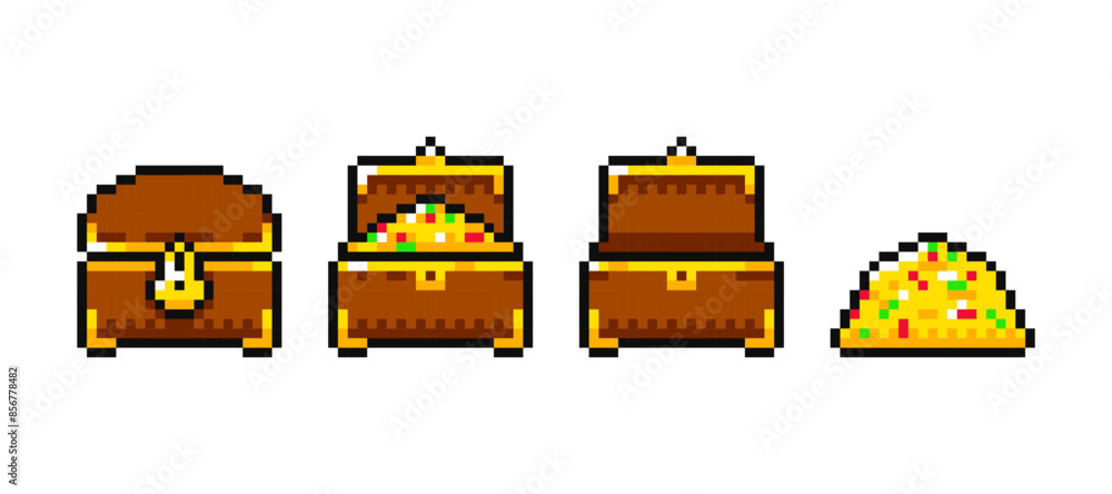 Cartoon wooden chest animation, treasure chest in pixel art style. Game ...