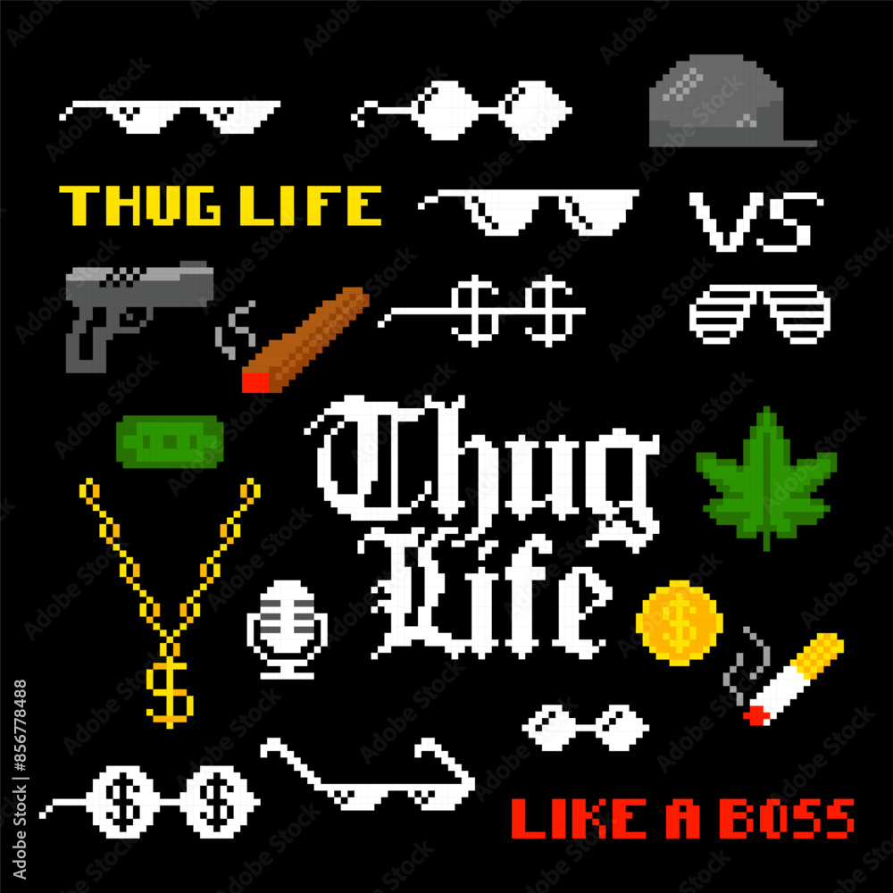 Set of pixelated boss attributes, pixel art gangsta rap accessories ...