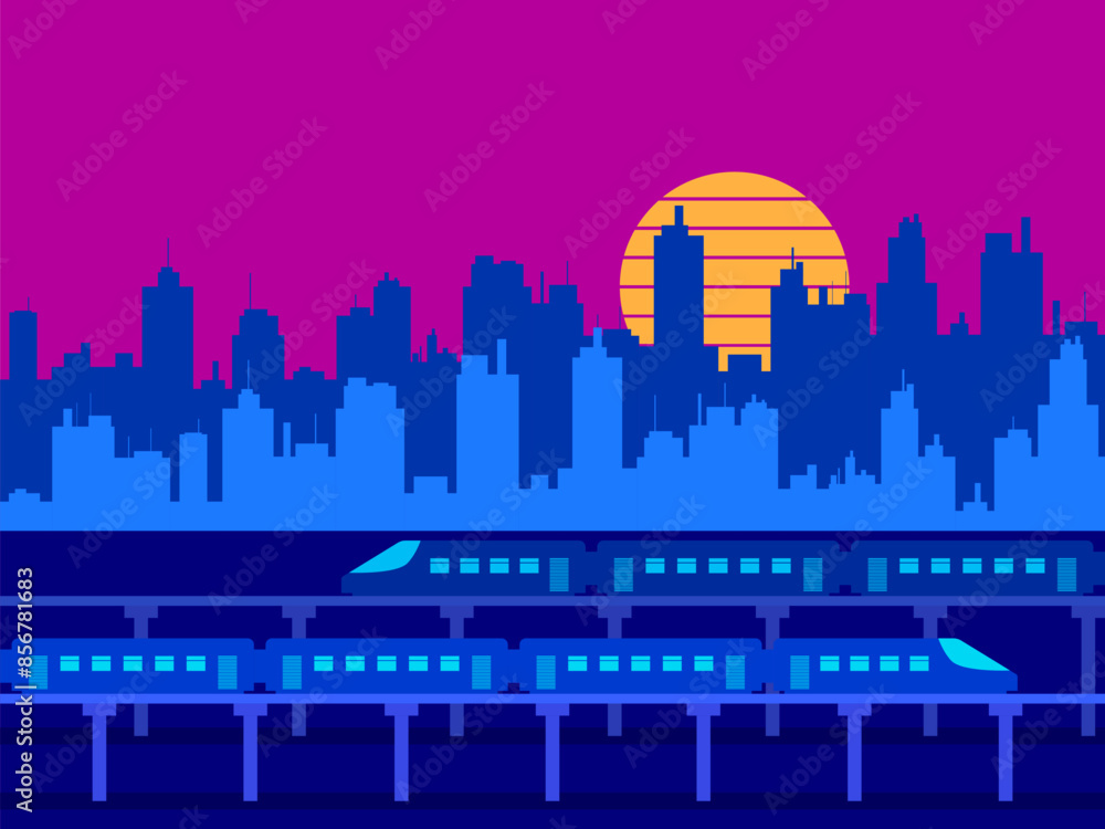 Modern cityscape with trains and skyscrapers. View of the city at ...