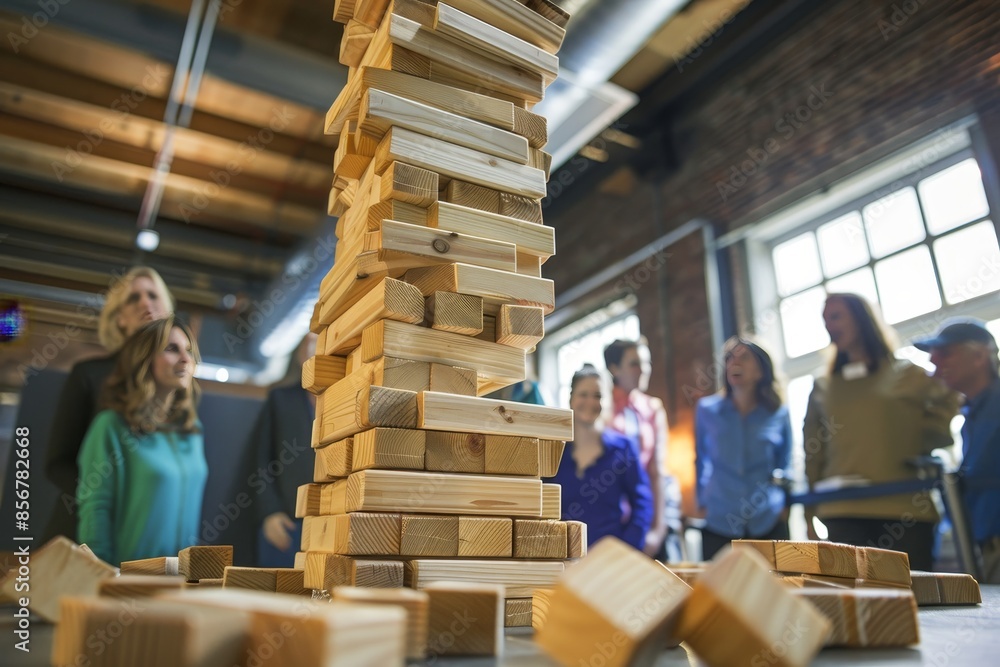 Colleagues engage in team building fun with giant jenga and virtual ...
