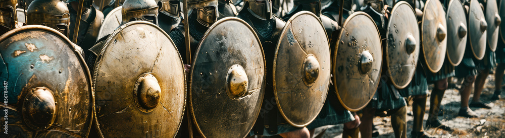 Photo Ancient Warriors in Formation with Golden Shields - A line of ...
