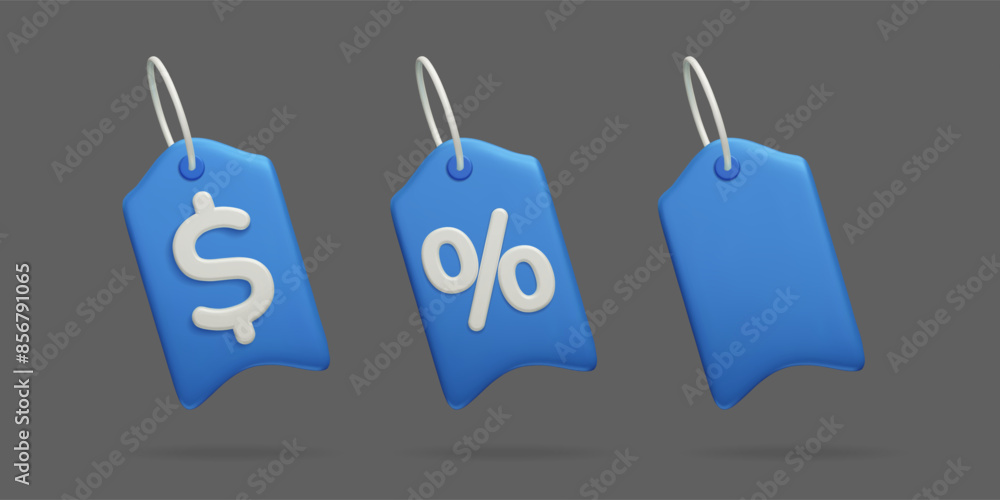 Blue 3D dollar price tag and percent discount voucher collection. Set ...