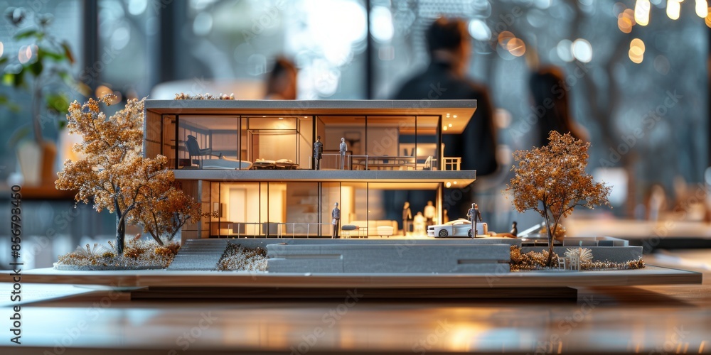 Architectural model of a modern two-story house with miniature figures ...