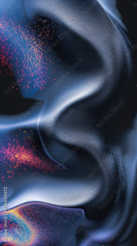 An abstract photograph of a liquid substance, featuring swirling colors ...