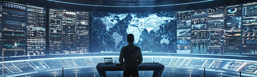 Futuristic command center with world map display - Image of a person operating in a high-tech ...