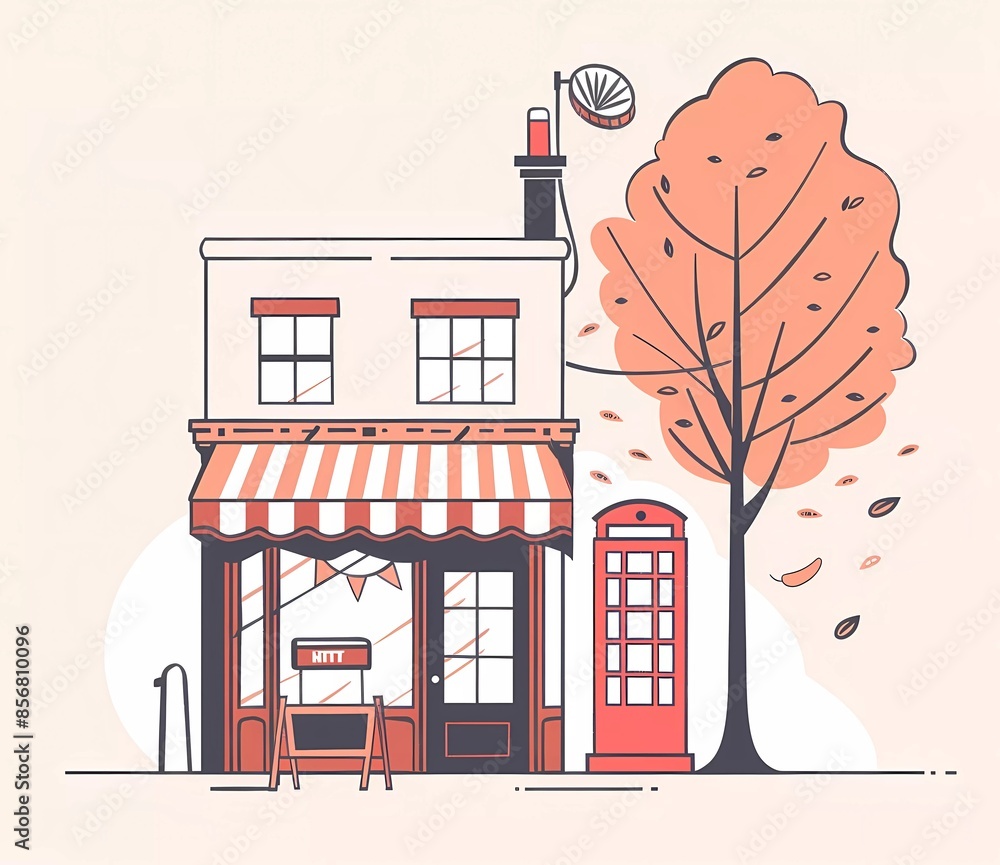 modern line art vector of small shop front with awning and red ...