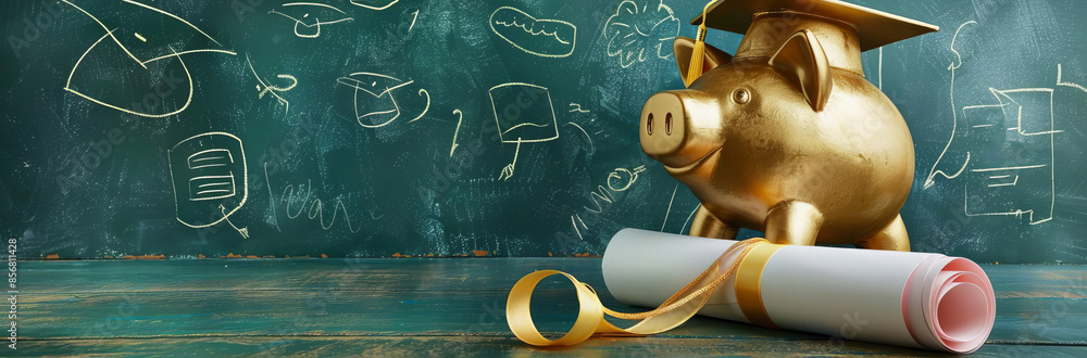 Elegant gold piggy bank, sleek graduation cap, rolled diploma with ...