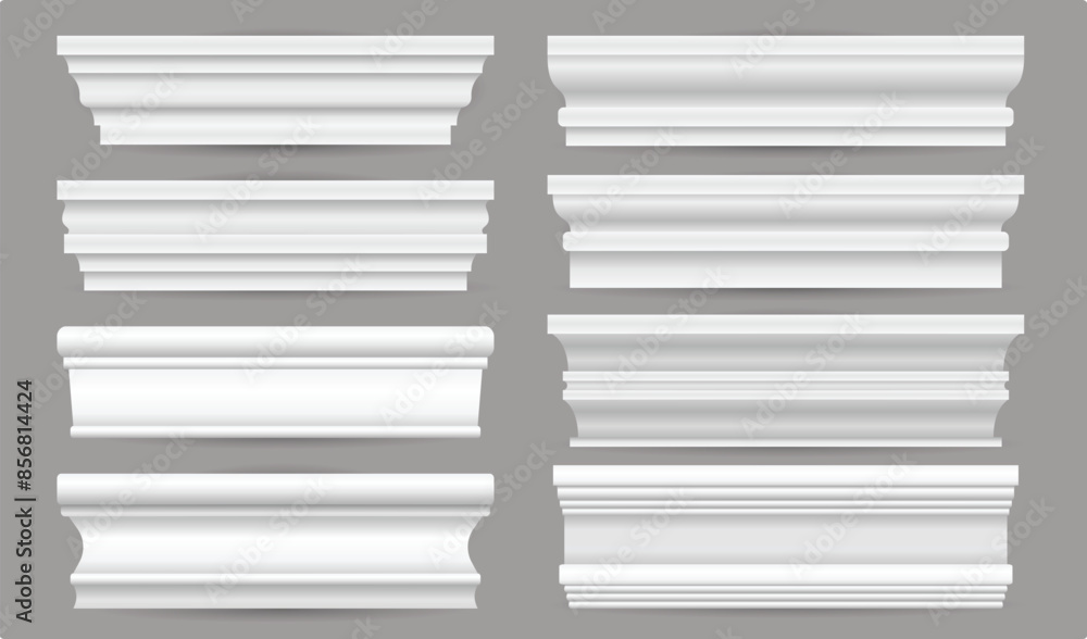 Set of white skirting baseboard moulding. Ceiling crown on white ...