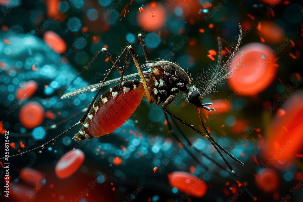 Extreme macro photograph of a mosquito on a child's arm, focusing on ...