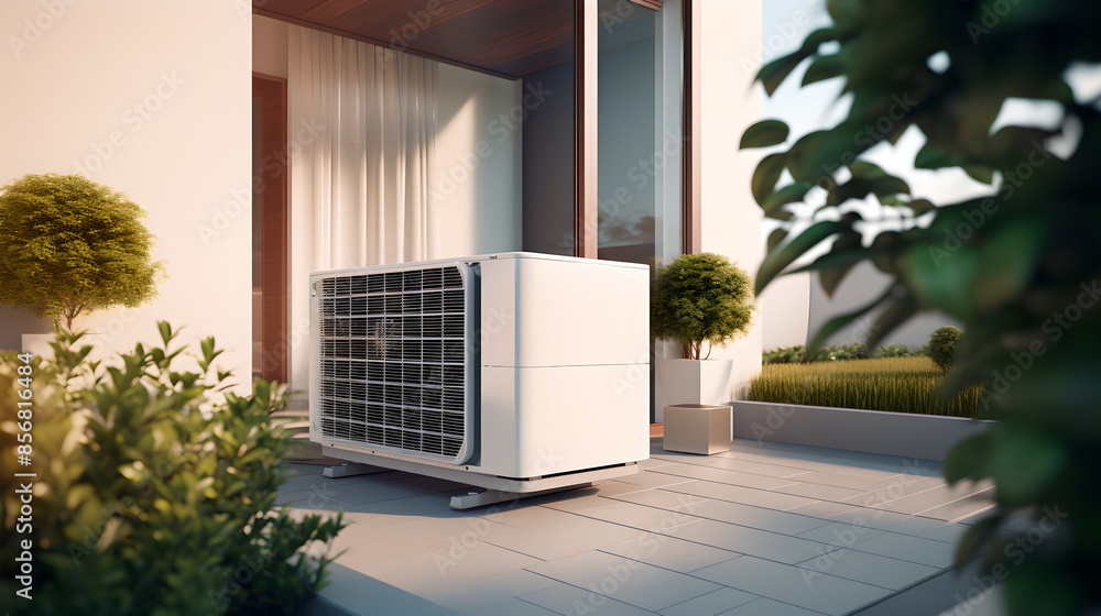 Outdoor air conditioning unit installed on a patio with greenery ...