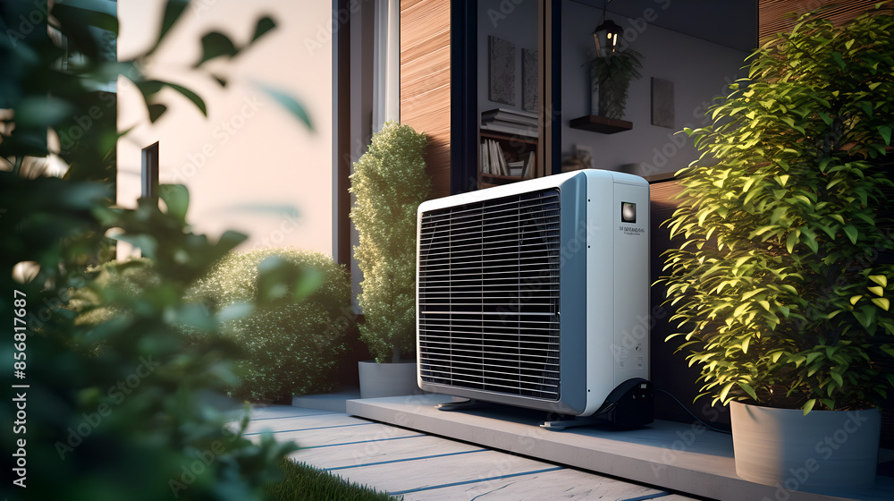 Outdoor air conditioning unit installed on a patio with greenery ...