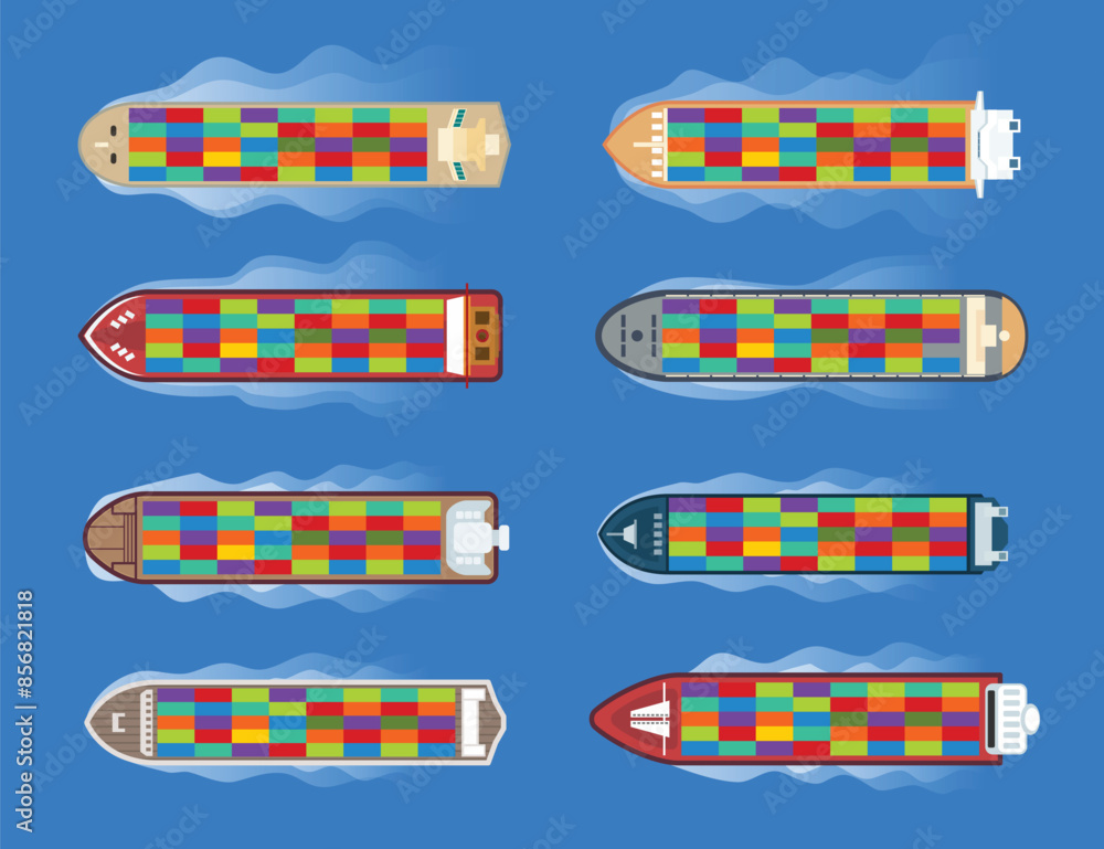 Set of cargo ship top view, cargo ship container in the ocean above ...
