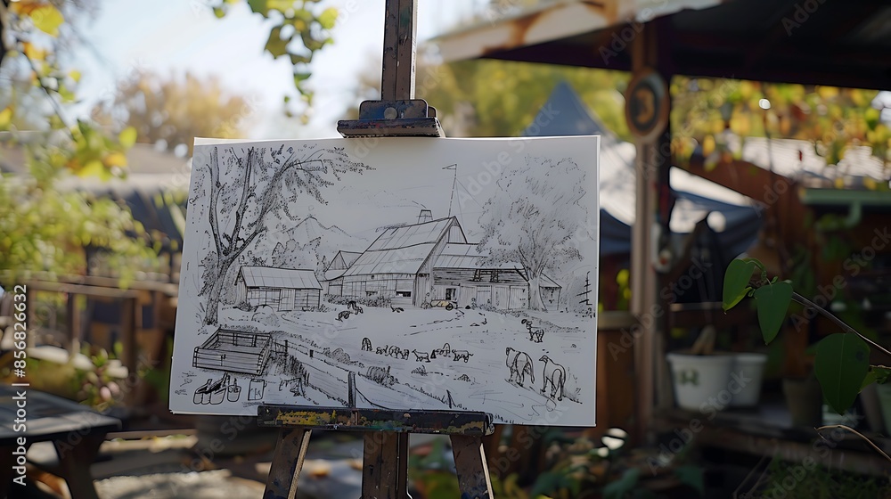 Foto de Crayon sketch of a bustling farm with animals and barns on a ...