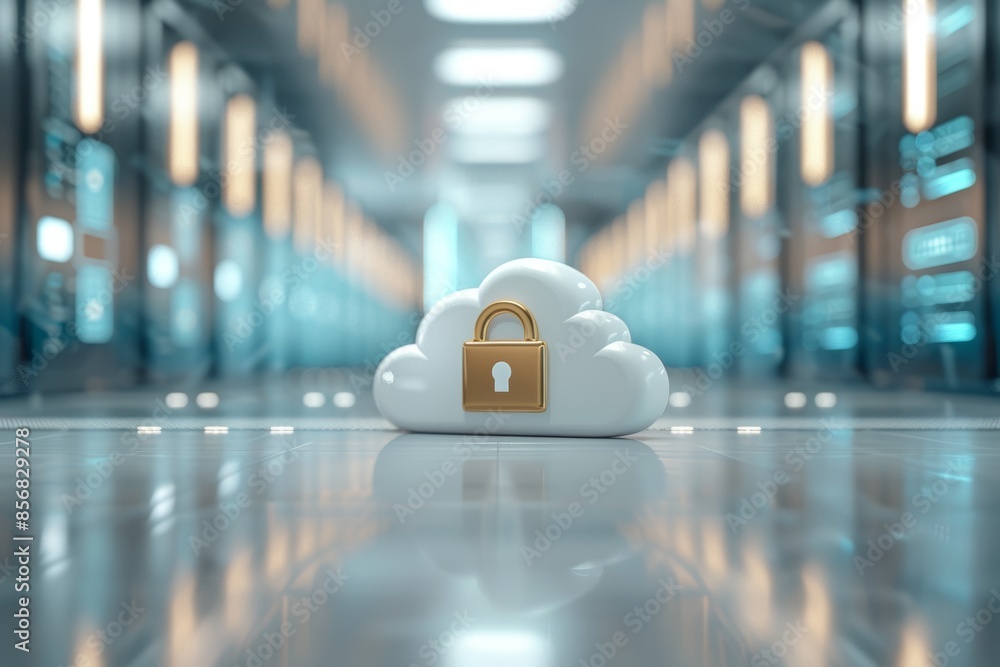 Gold lock icon on white cloud in a server room with flashing blue ...