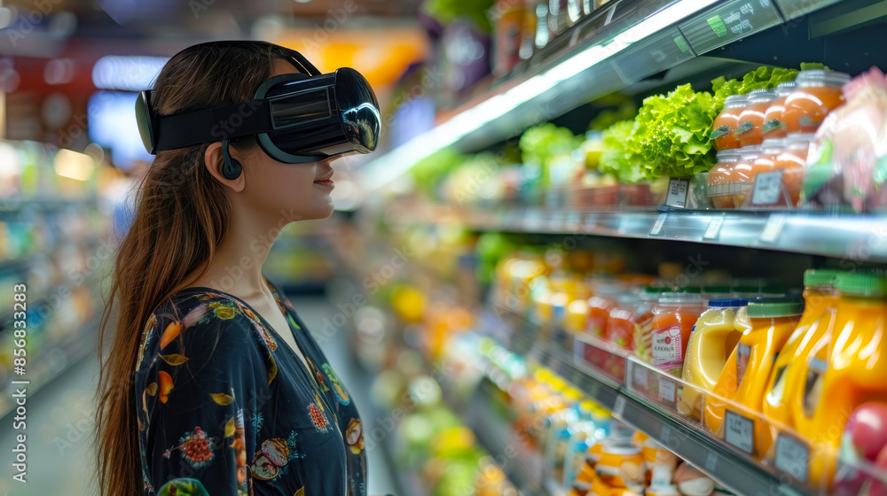 Young Woman Enjoying Virtual Grocery Shopping. A young woman using a VR ...