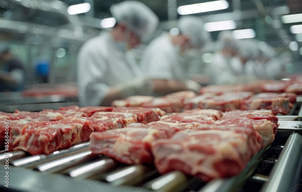 Meat waiting to be processed on the assembly line in a food factory ...