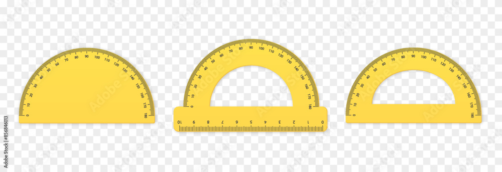 Set of realistic vector protractors png. Yellow protractor. Various ...