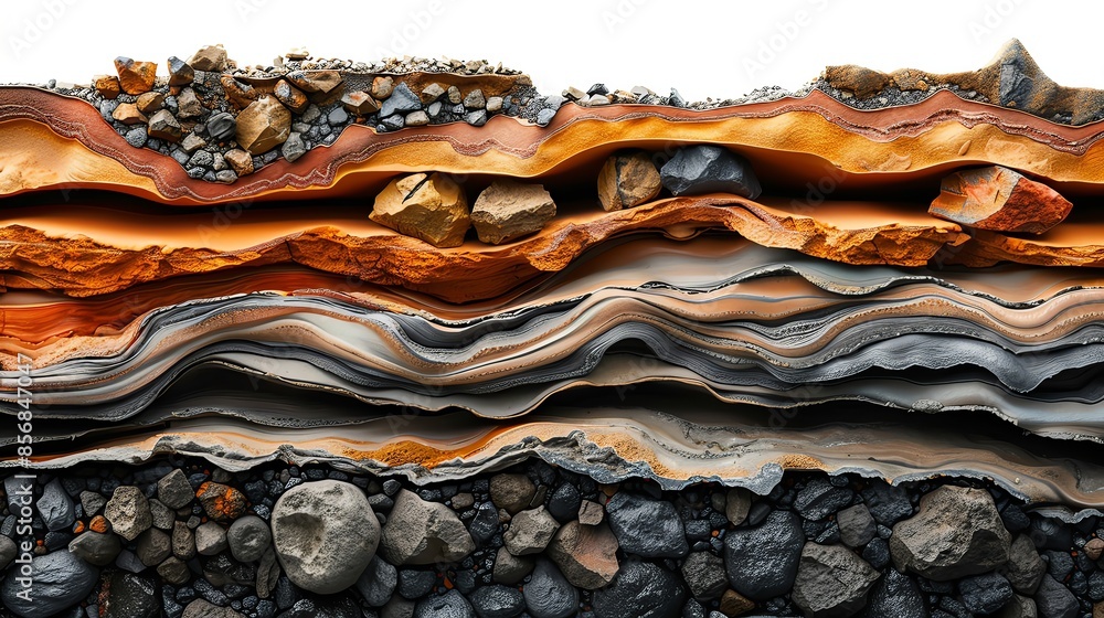 Cross-section of sedimentary rock layers showing various textures and ...
