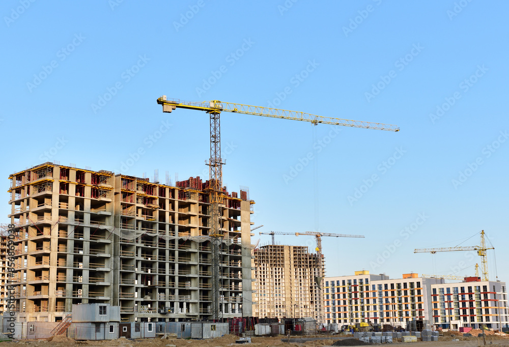 View of a large construction site with buildings under construction and ...